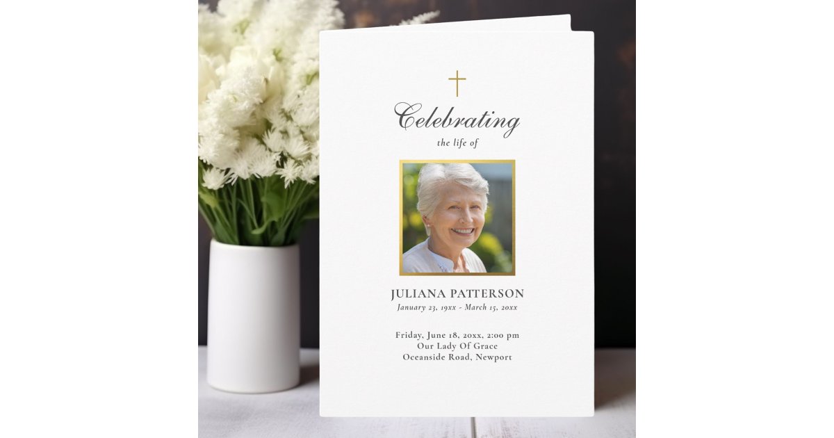 Simple Gold Cross Photos Funeral Order of Service Program | Zazzle