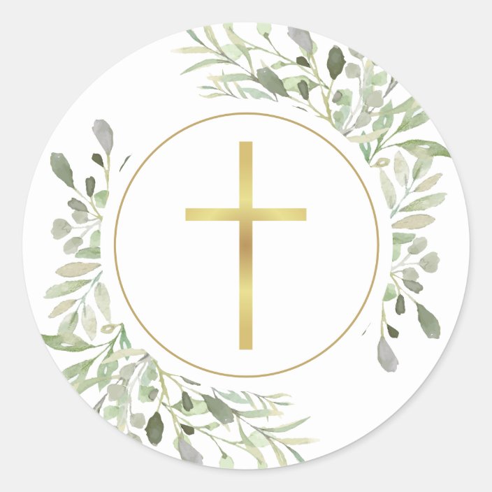 Simple Gold Cross Watercolor Greenery Classic Round Sticker | Zazzle.com