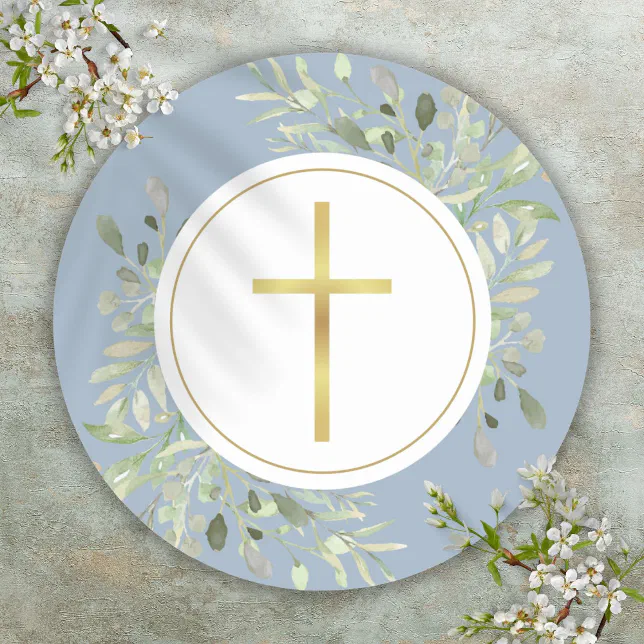 Simple Gold Cross Watercolor Greenery Dusty Blue Classic Round Sticker ...