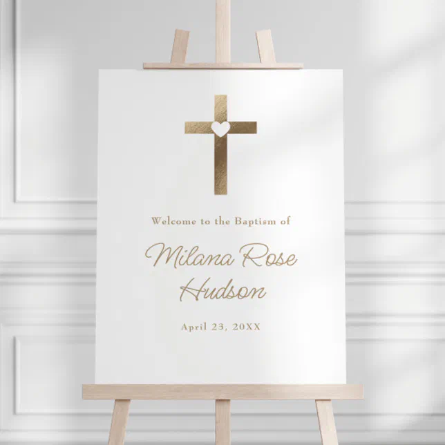 Simple Gold Cross with Heart Baptism Welcome Foam Board | Zazzle