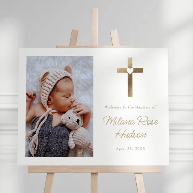 Simple Gold Cross with Heart Photo Baptism Welcome Foam Board | Zazzle