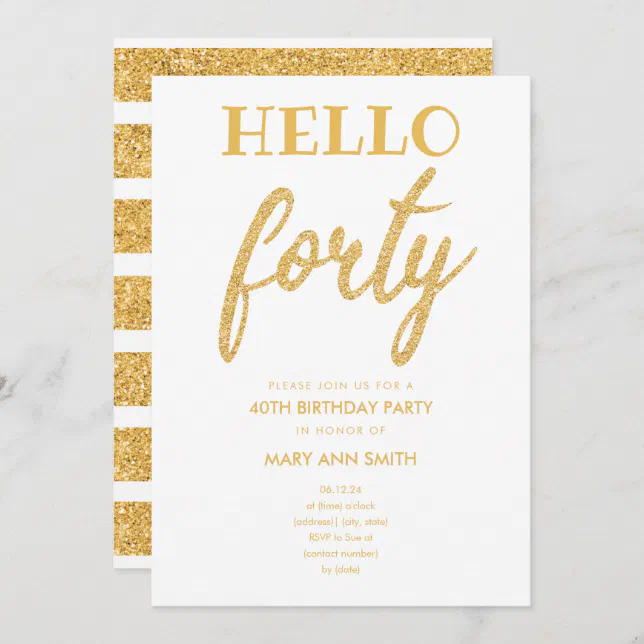 Simple Gold Glitter "Hello Forty" Birthday Party Invitation | Zazzle