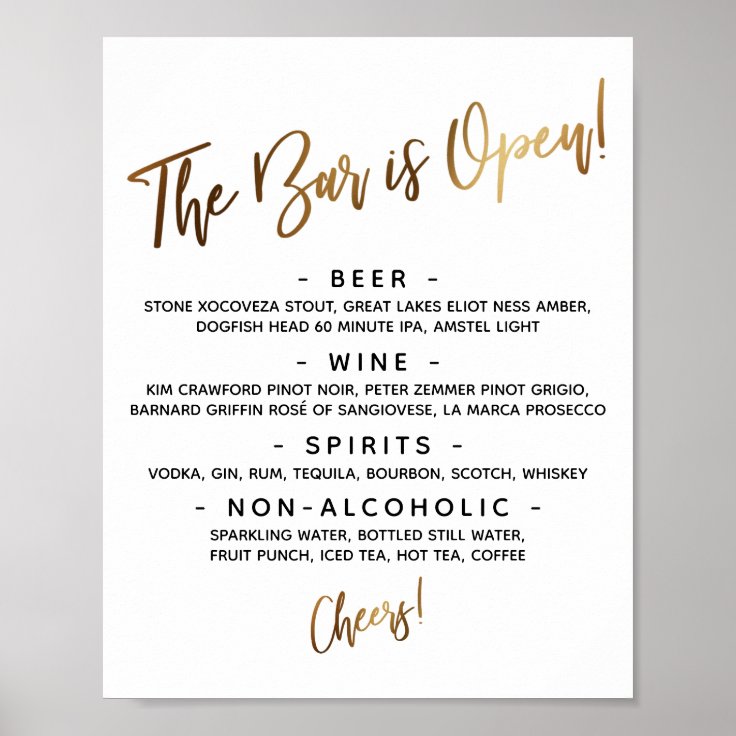 Simple Gold Handwriting Open Bar Menu Sign | Zazzle