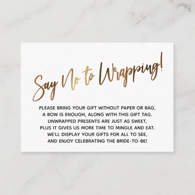Simple Gold Handwriting Say No to Wrapping! Enclosure Card | Zazzle