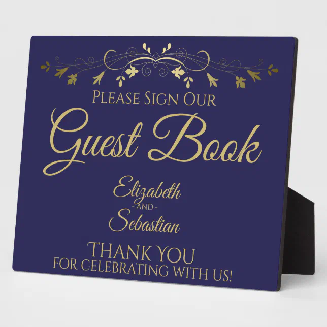 Simple Gold Navy Blue Please Sign Guest Book Sign Plaque | Zazzle