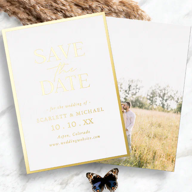 Simple Gold Photo Save The Date Foil Invitation | Zazzle