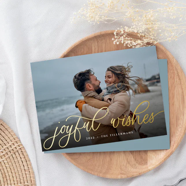 Simple Gold Script Overlay Joyful Wishes Photo Foil Holiday Card | Zazzle
