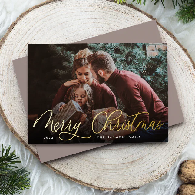 Simple Gold Script Overlay Merry Christmas Photo Foil Holiday Card | Zazzle