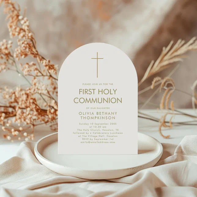 Simple Gold Text Cross First Holy Communion Invitation | Zazzle