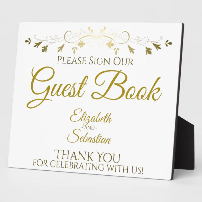 Simple Gold & White Please Sign Guest Book Sign Plaque | Zazzle