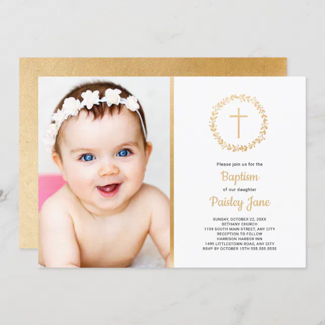 Simple gold wreath baptism photo invitation | Zazzle