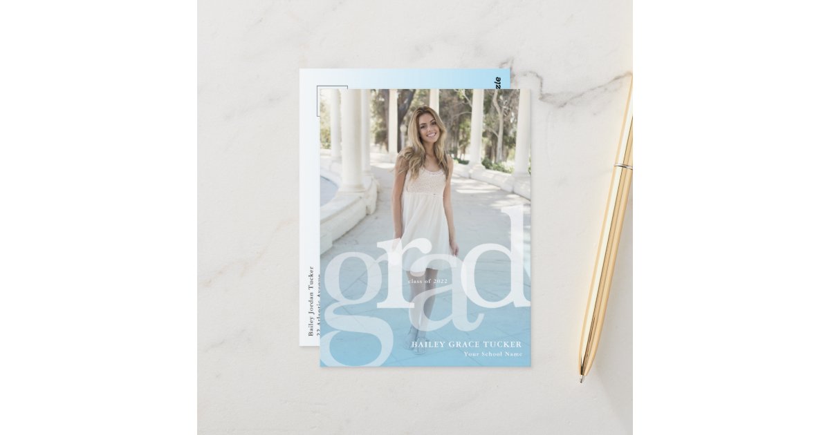 Simple GRAD Light Blue Overlay ANY Year Graduation Postcard | Zazzle