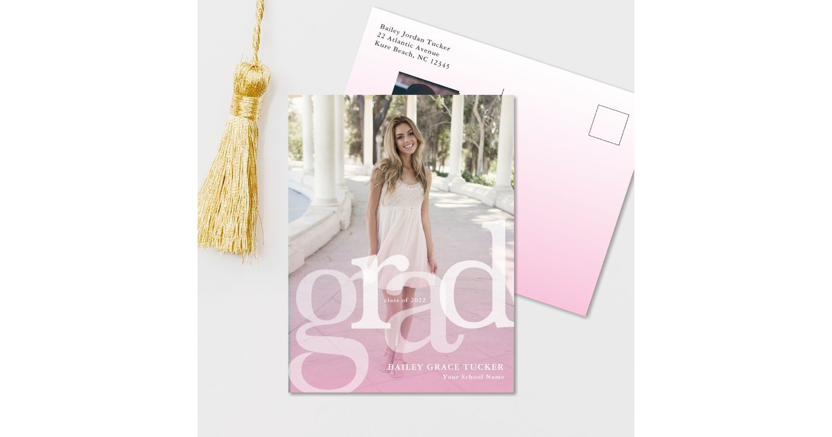 Simple GRAD Pink Overlay ANY Year Graduation Postcard | Zazzle