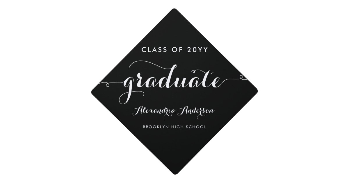 Simple Graduate Elegant Modern Script Black White Graduation Cap Topper ...