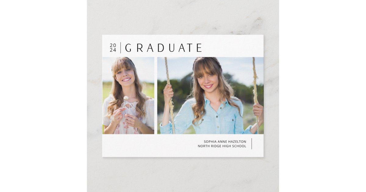 Simple Graduate Modern 2-Photo Graduation Postcard | Zazzle