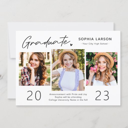 Simple Graduate Script 3 Photo Collage Graduation Announcement | Zazzle