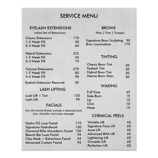 Simple Gray Beauty Salon Service Menu Poster | Zazzle