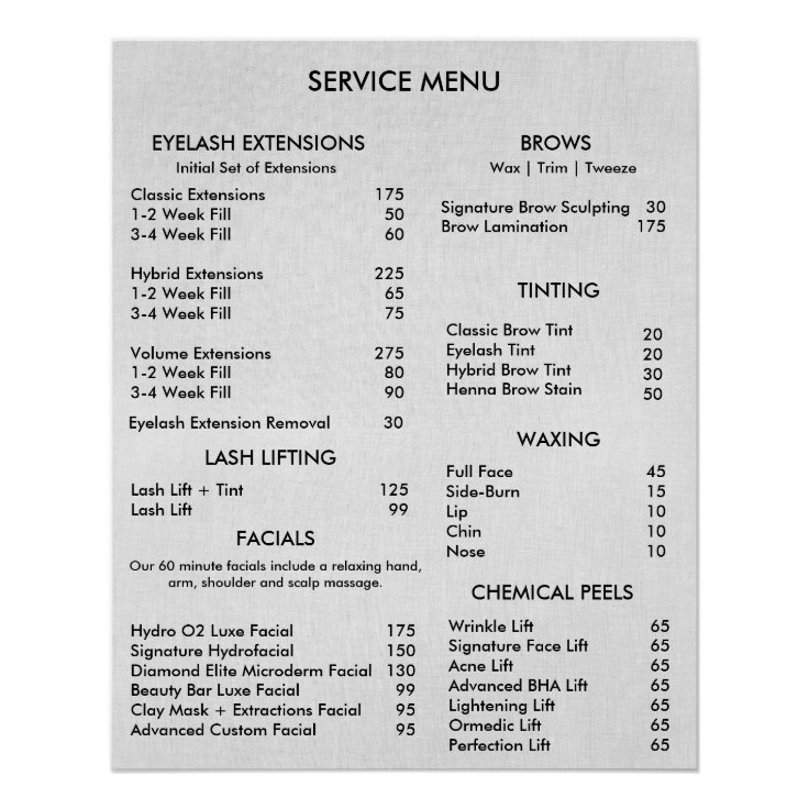 Simple Gray Beauty Salon Service Menu Poster | Zazzle