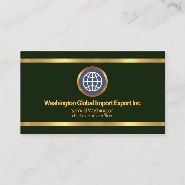 Simple Green Gold Borders Global Import Export Business Card | Zazzle