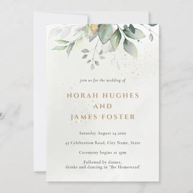 Simple Green & Gold Leaves Wedding Invitation | Zazzle