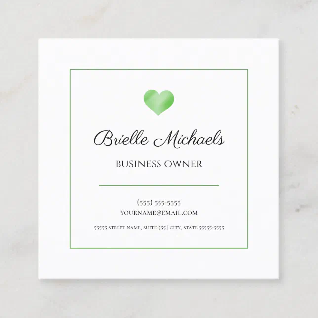 Simple Green Heart With Elegant Black Script Square Business Card | Zazzle