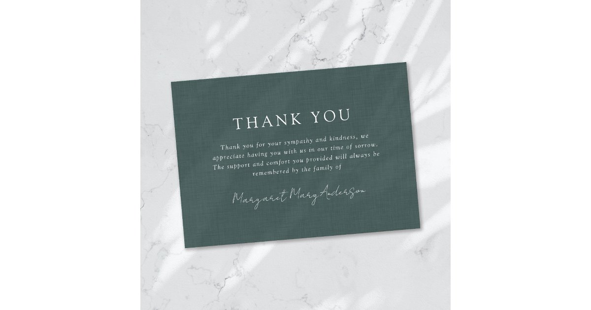 Simple Green Linen Effect Funeral Sympathy Thank You Card | Zazzle