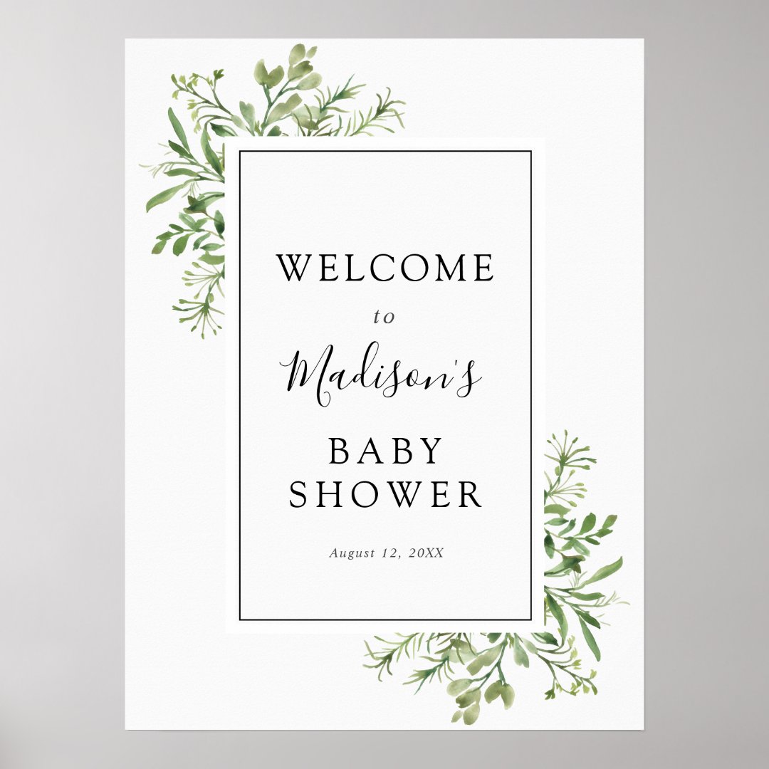 Simple Greenery Baby Shower Welcome Poster | Zazzle