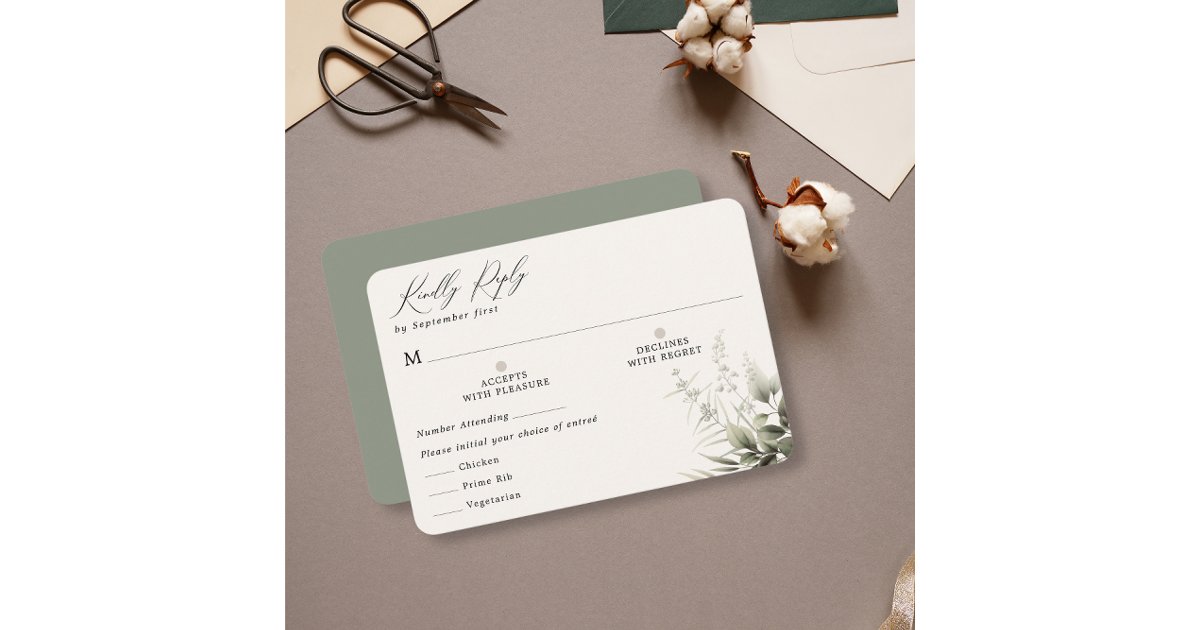 Simple Greenery Botanical RSVP Card With Meal | Zazzle