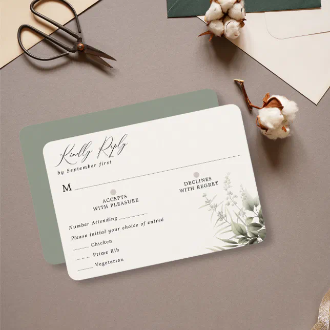Simple Greenery Botanical RSVP Card With Meal | Zazzle