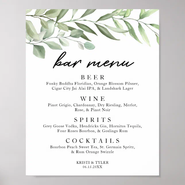 Simple Greenery Leaves Bar Menu Poster | Zazzle
