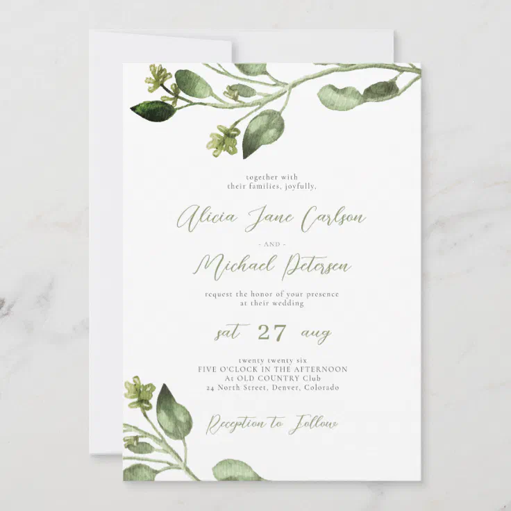 Simple greenery leaves elegant script wedding invitation | Zazzle