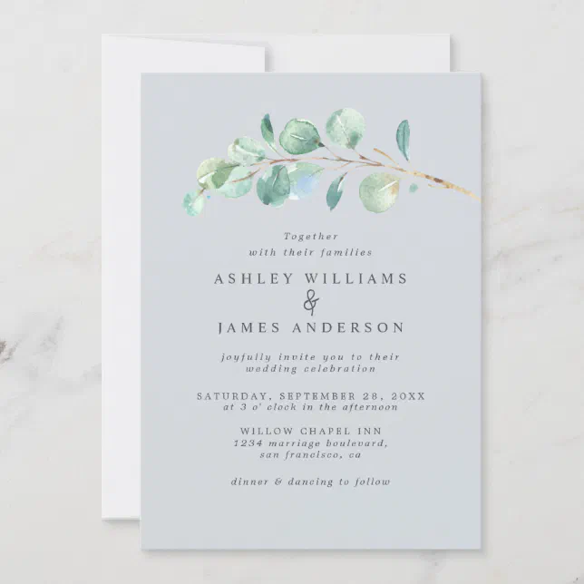 Simple Greenery Light Blue Wedding Invitation | Zazzle