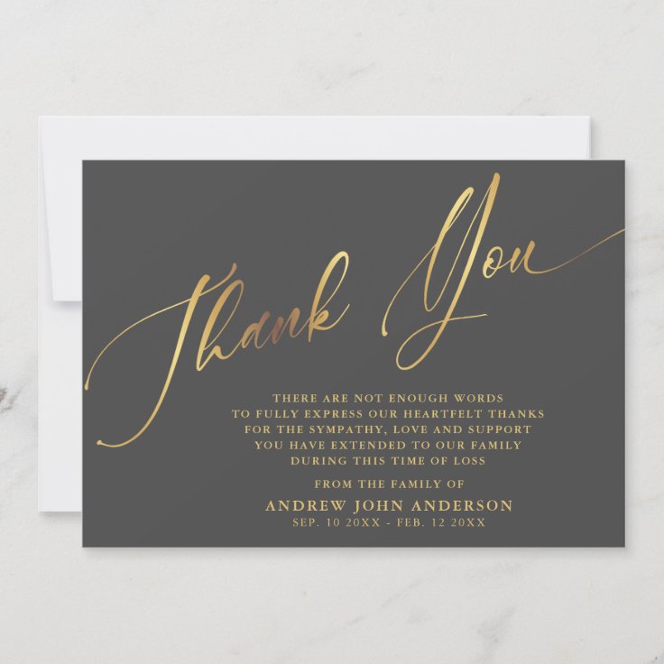 Simple Grey & Gold Calligraphy Funeral Thank You Card | Zazzle