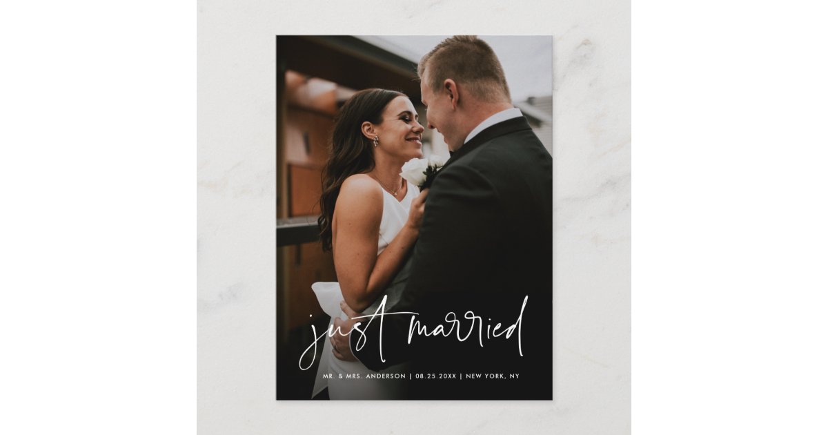 Simple Handwritten Script Just Married Wedding Postcard | Zazzle