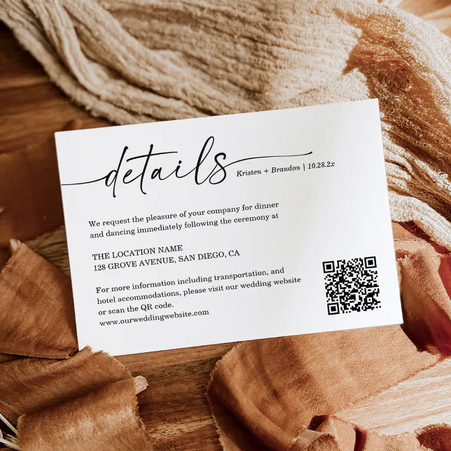 Simple Handwritten Script Wedding Details QR Code Enclosure Card | Zazzle