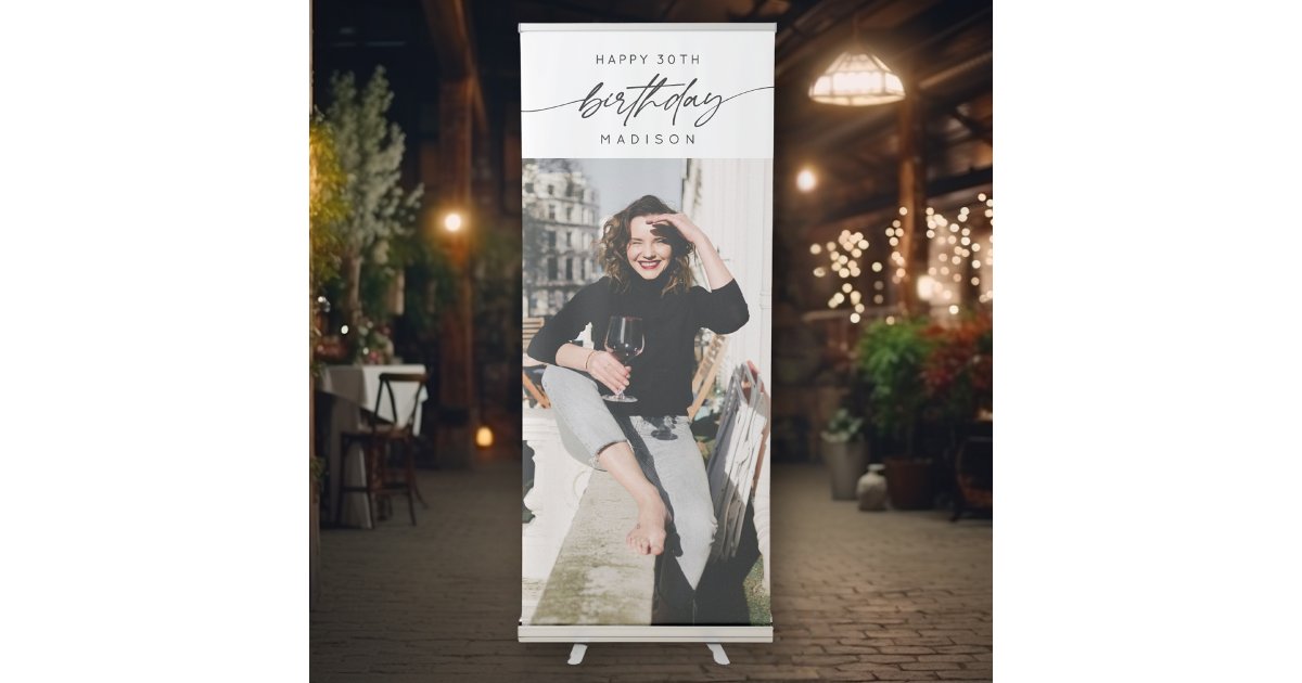 Simple Happy 30th Birthday Party Photo Script Retractable Banner | Zazzle