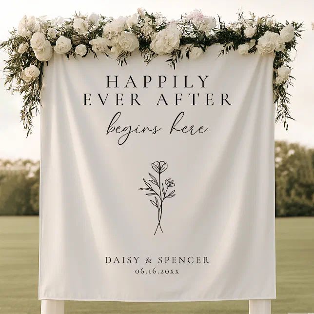 Simple "Happy Ever After Begins Here" Text Wedding Tapestry | Zazzle