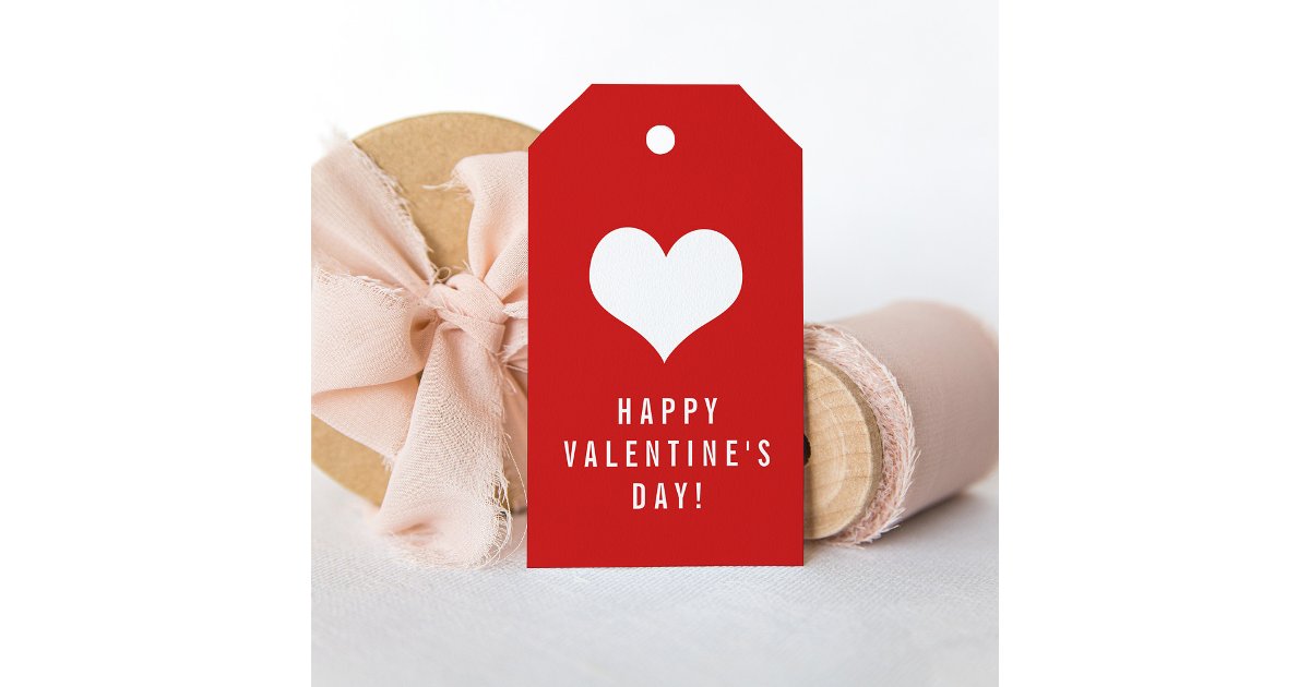 Simple Happy Valentine's Day White Heart on Red Gift Tags | Zazzle