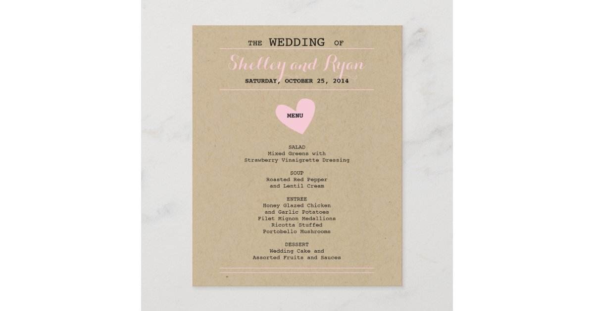 Simple Heart Menu Card | Zazzle