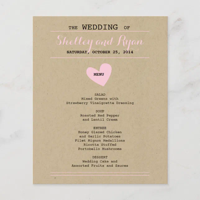 Simple Heart Menu Card | Zazzle