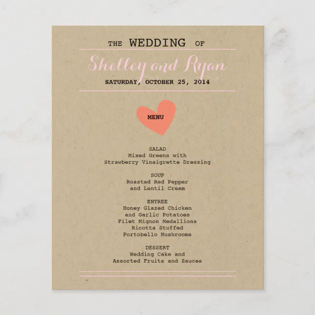 Simple Heart Wedding Menu Card | Zazzle