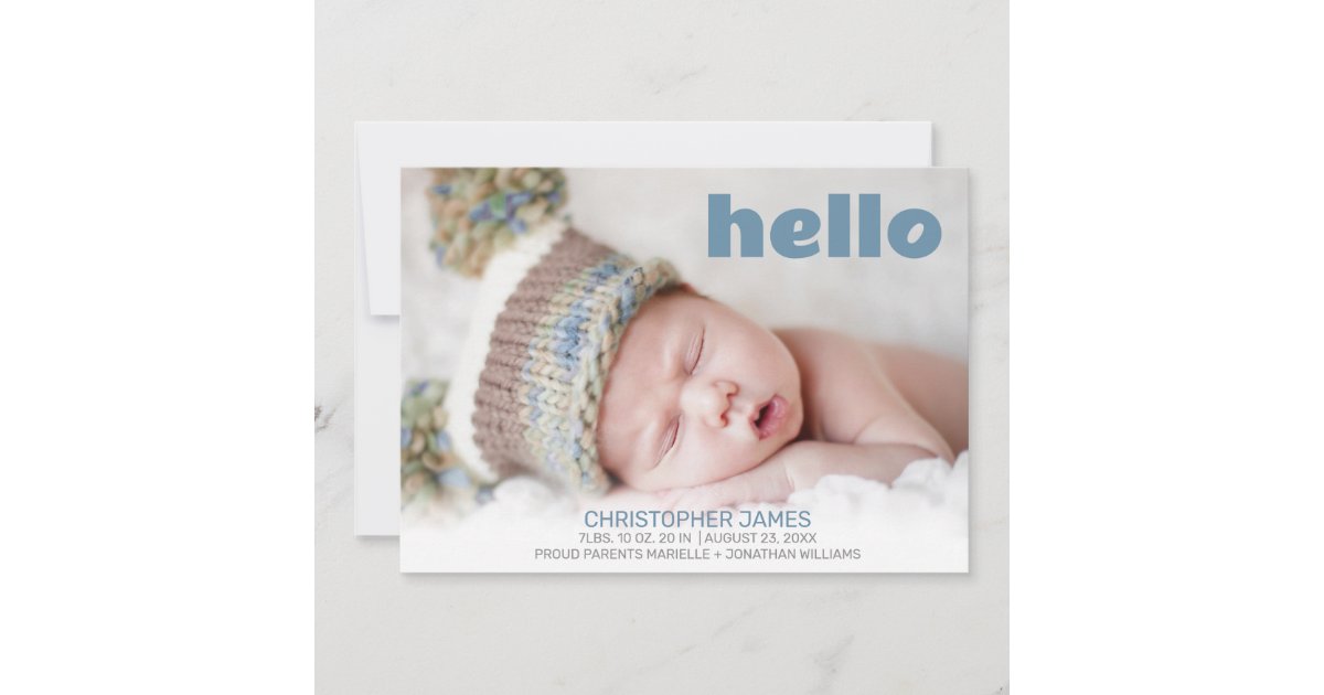 Simple Hello Blue Script Blue Back Baby Boy Photo Announcement | Zazzle