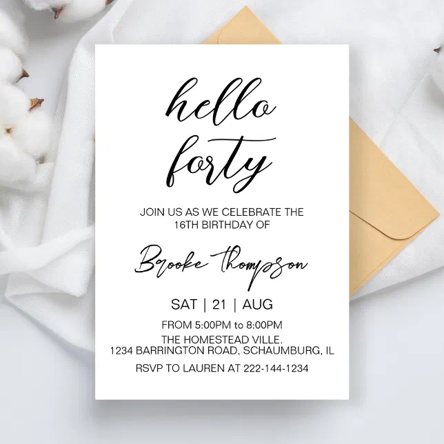 Simple Hello Forty 40th Birthday Party 40 Year Old Invitation | Zazzle