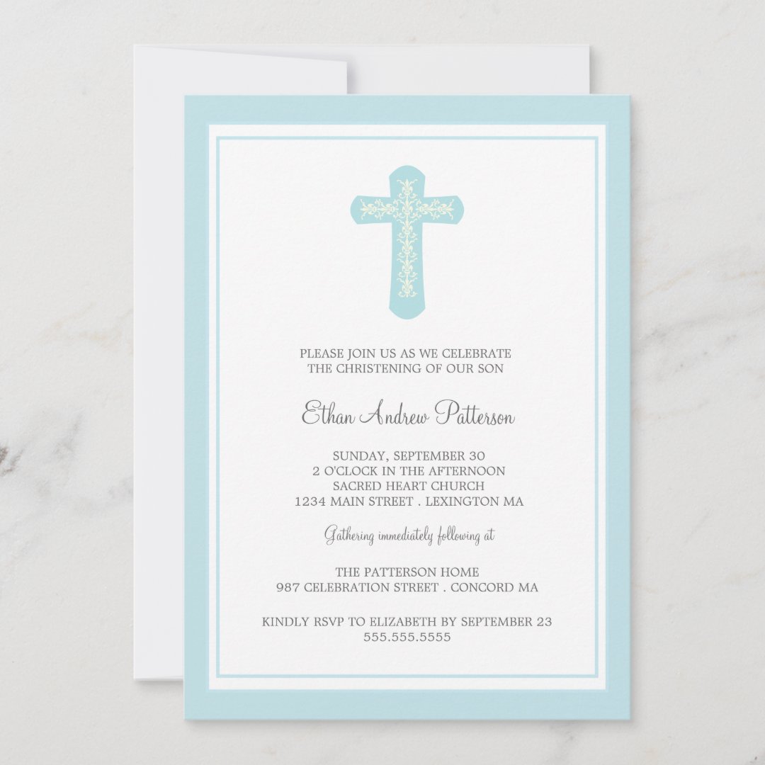 Simple Holy Cross Blue Boy Christening Invitation | Zazzle
