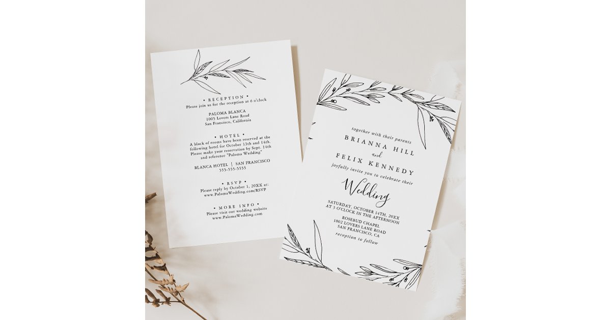Simple Illustrated Foliage Front & Back Wedding Invitation | Zazzle