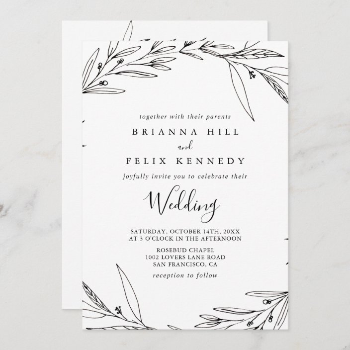Simple Illustrated Foliage Front & Back Wedding Invitation | Zazzle