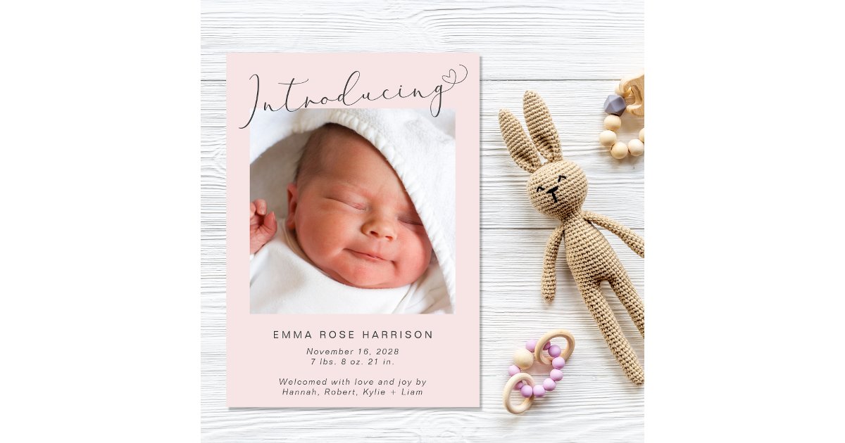 Simple Introducing Photos Pink Baby Girl Birth Announcement | Zazzle
