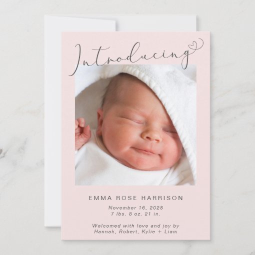 Simple Introducing Photos Pink Baby Girl Birth Announcement | Zazzle