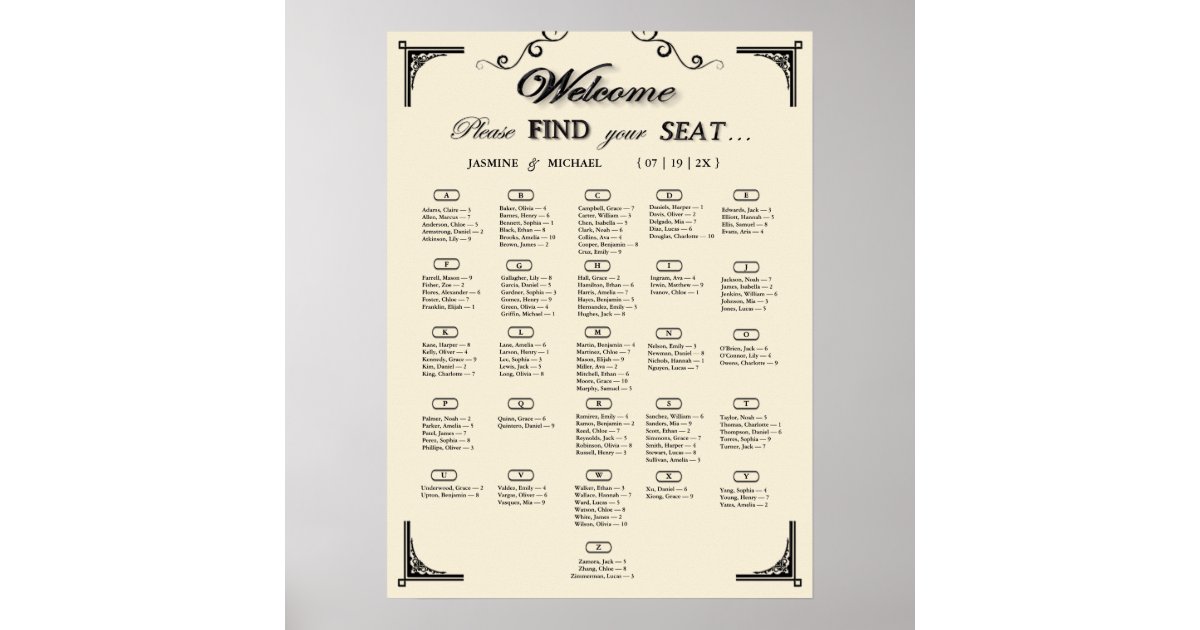 Simple Ivory Alphabetical Wedding Seating Chart | Zazzle