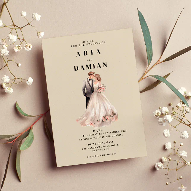 Simple ivory pink floral couple photo Wedding Invitation | Zazzle